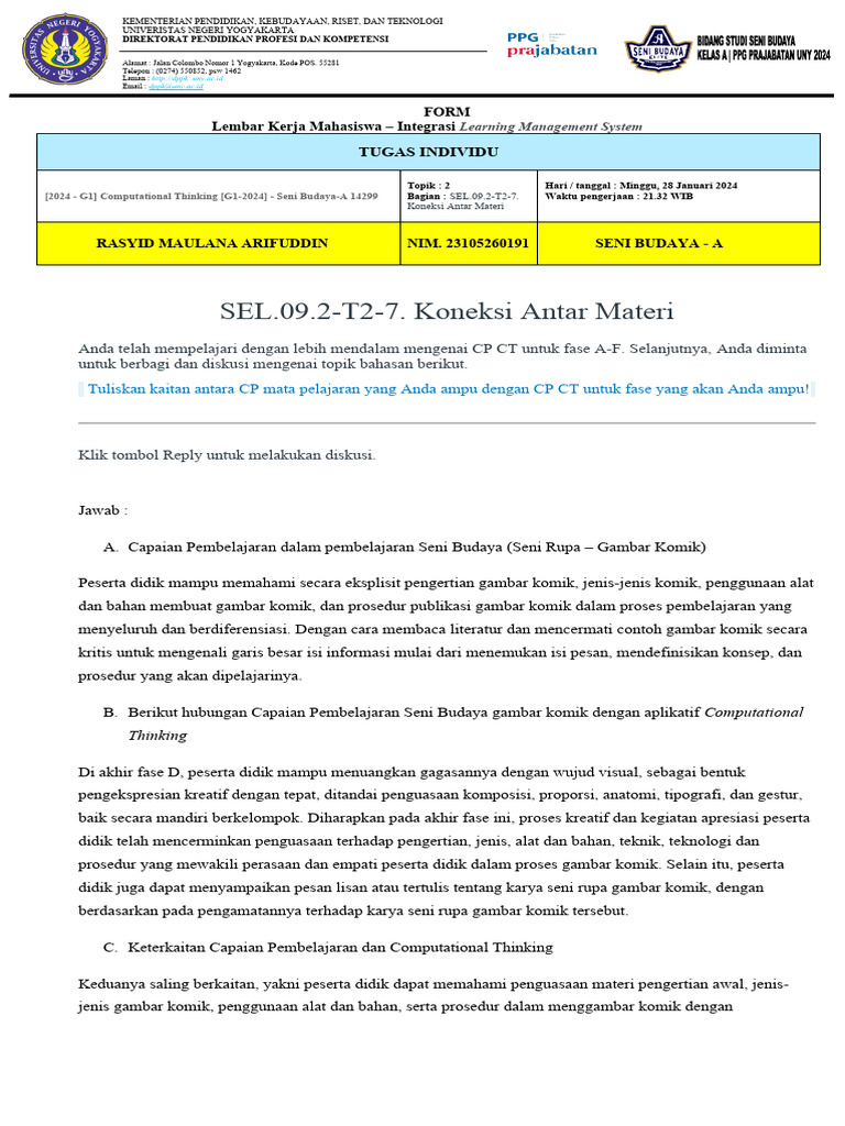 Lembar Kerja Mahasiswa - CT - Tugas Individu Topik 2 - Koneksi Antar Materi - Rasyid M.A. | PDF