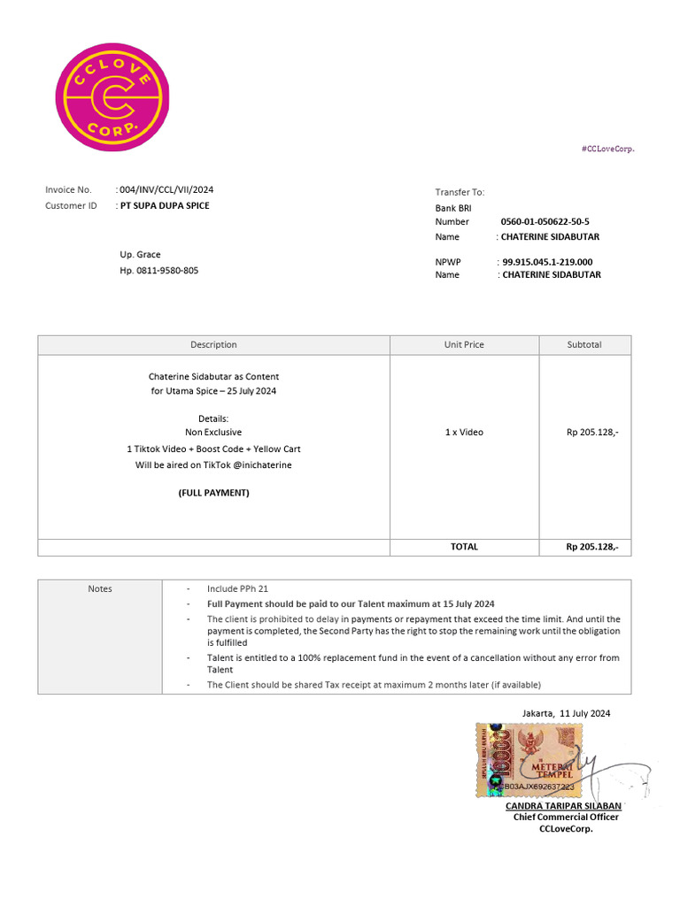 Invoice #CCLoveCorp. - Chaterine Sidabutar - Utama Spice | PDF ...