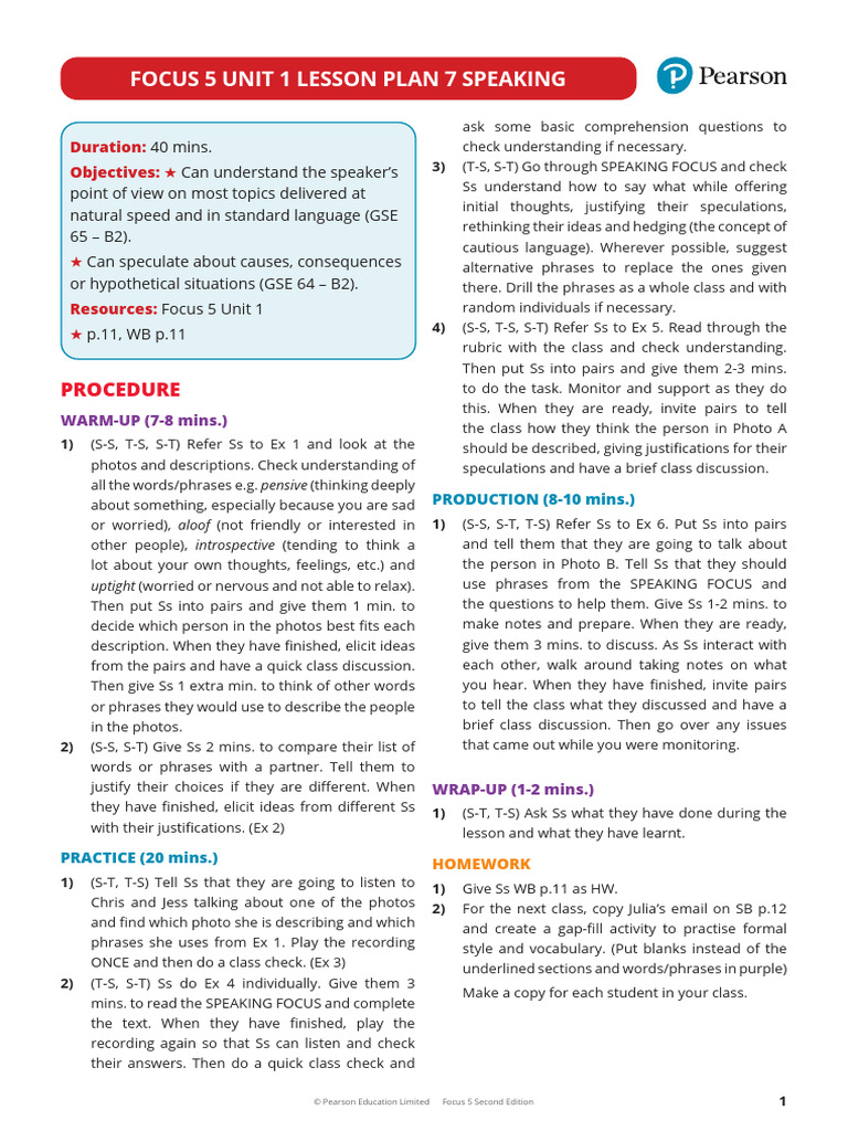 Focus5 2E LessonPlans U01 Lesson7 Speaking | PDF | Cognition | Human Communication