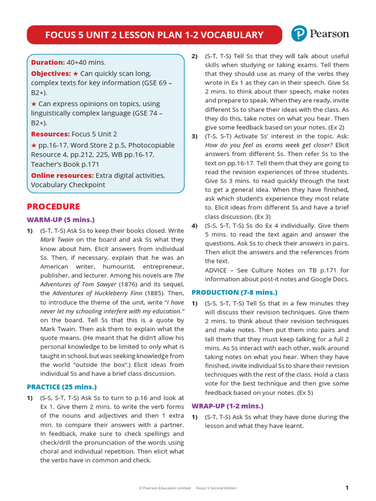 Focus5 2E LessonPlans U02 Lesson1 2 Vocabulary | PDF | Mark Twain ...