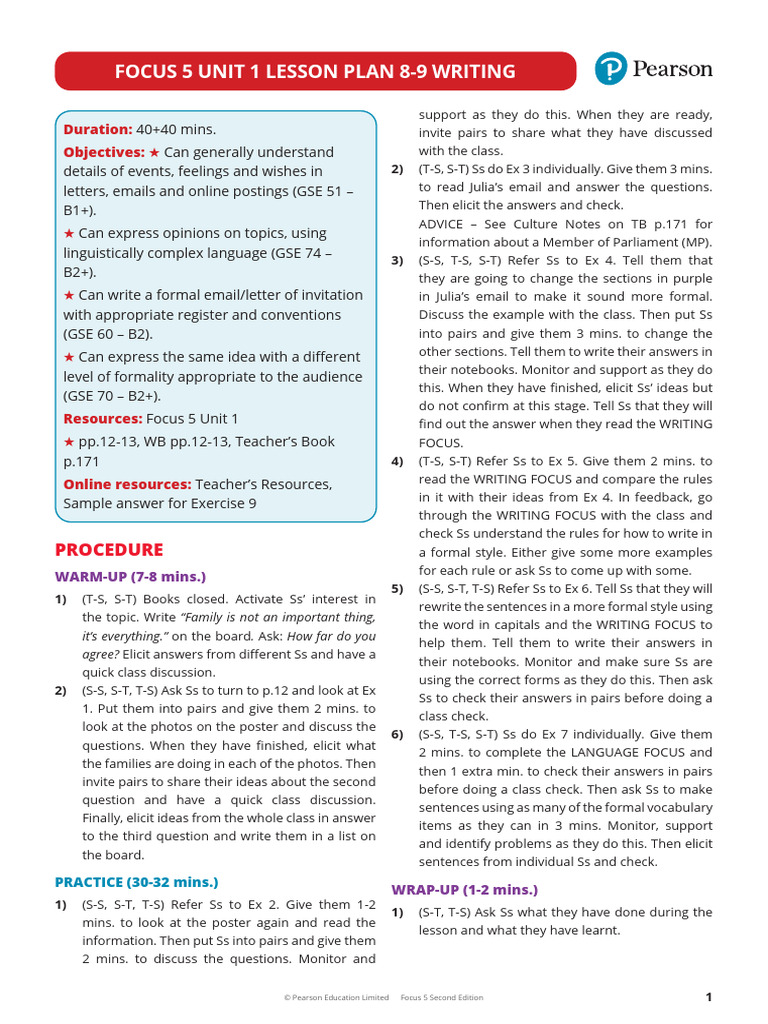 Focus5 2E LessonPlans U01 Lesson8 9 Writing | PDF | Cognitive Science | Human Communication
