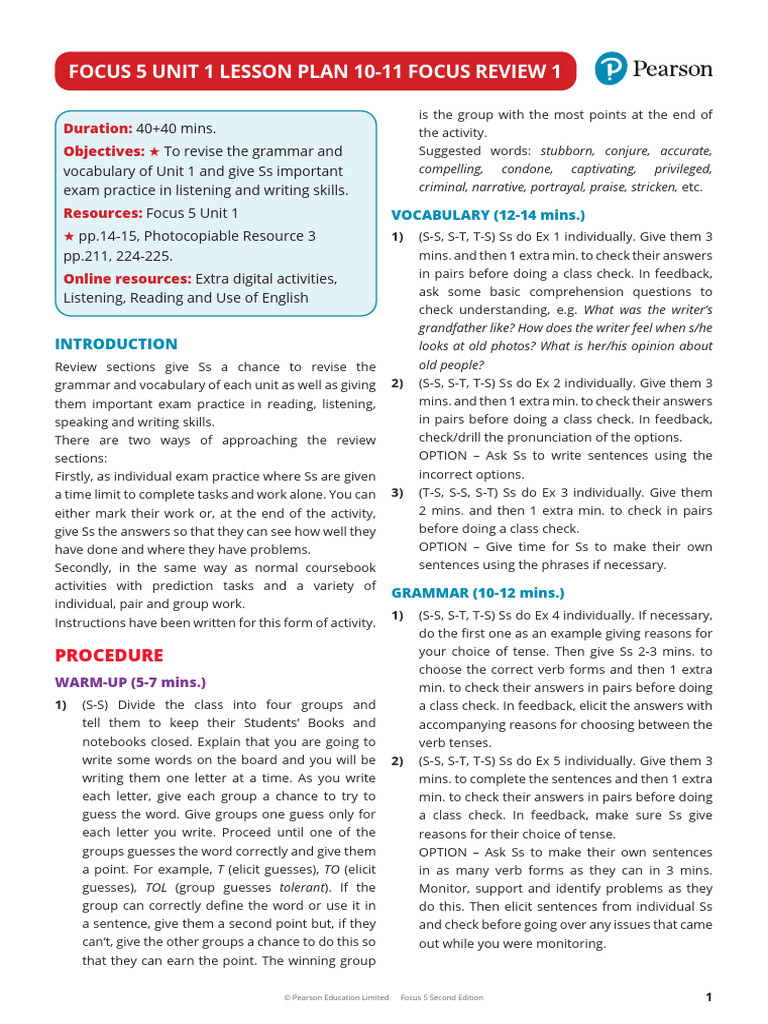 Focus5 2E LessonPlans U01 Lesson10 11 Review | PDF | Reading Comprehension | Linguistics