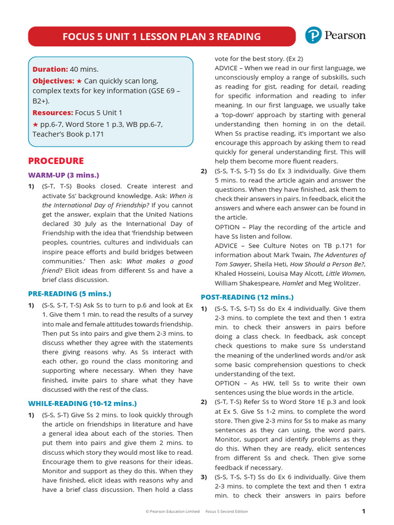 Focus5 2E LessonPlans U01 Lesson3 Reading | PDF | Learning | Cognitive ...