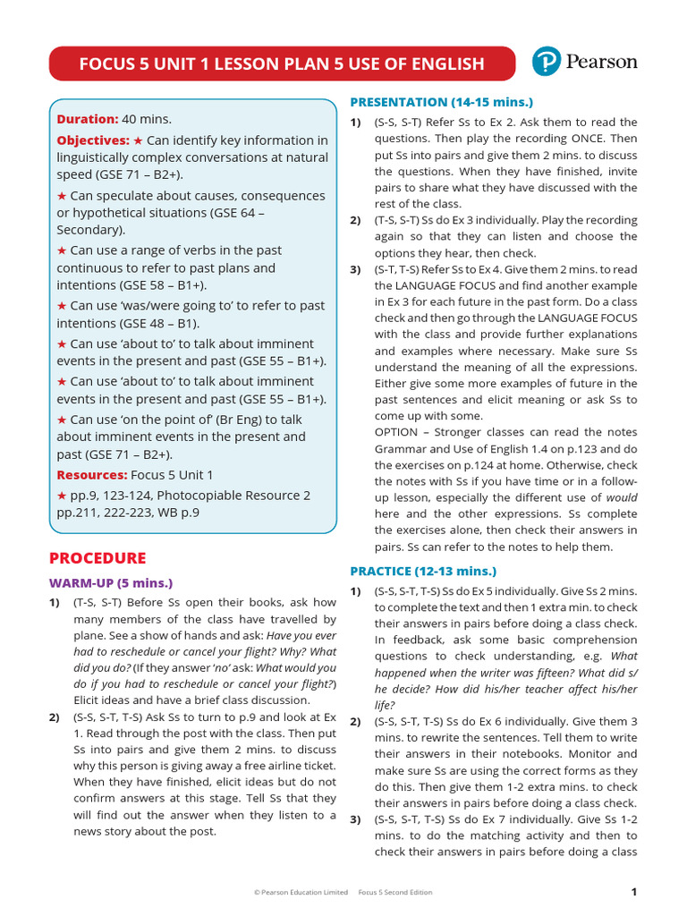 Focus5 2E LessonPlans U01 Lesson5 Use of English | PDF | English Language | Human Communication