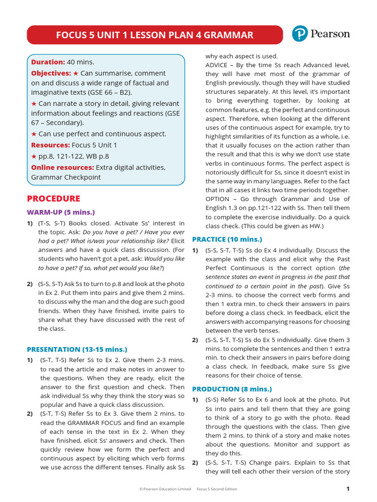 Focus5 2E LessonPlans U01 Lesson4 Grammar | PDF | Syntax | Grammar