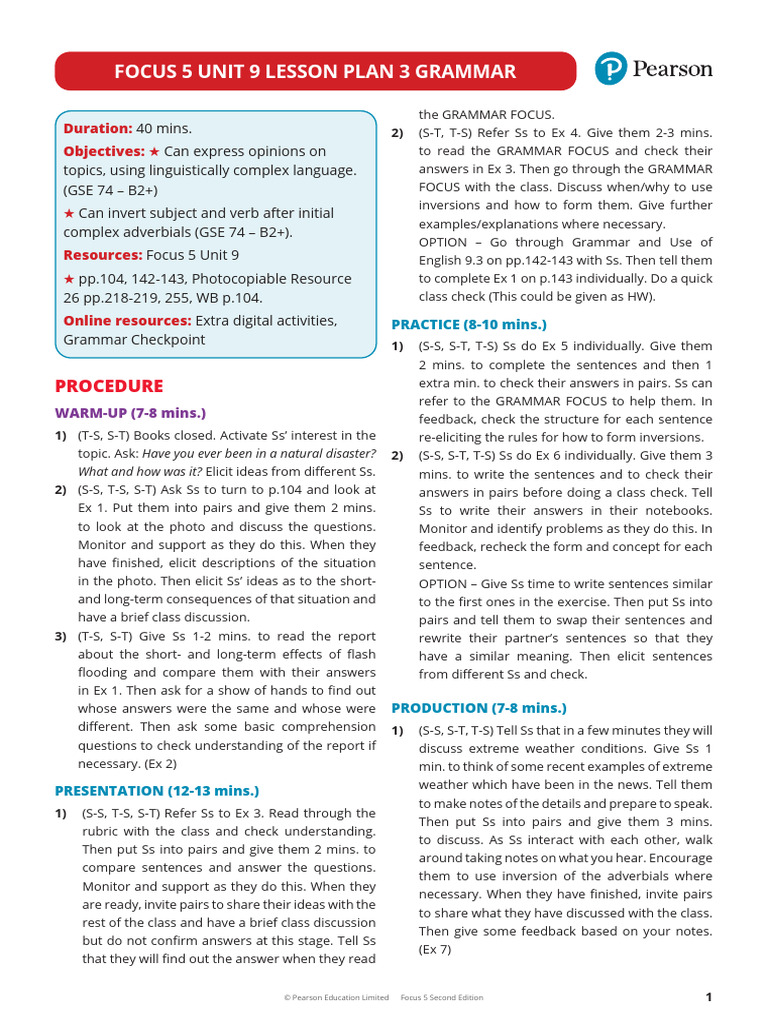 Focus5_2E_LessonPlans_U09_Lesson3_grammar | PDF | Learning | Linguistics