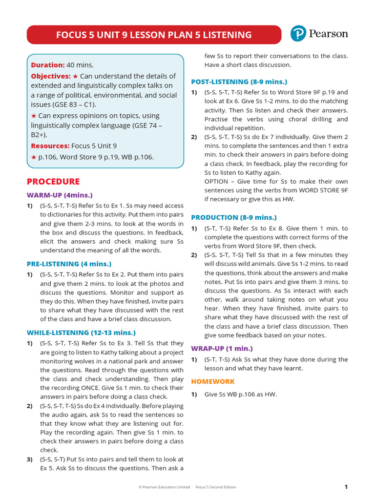 Focus5 2E LessonPlans U09 Lesson5 Listening | PDF | Cognition | Grammar