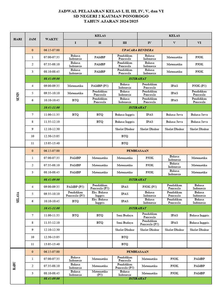 JADWAL PELAJARAN Tapel 2024-2025 | PDF
