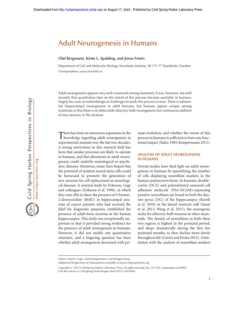 Cold Spring Harb Perspect Biol-2015-Bergmann-a018994 | PDF | Neurogenesis | Hippocampus