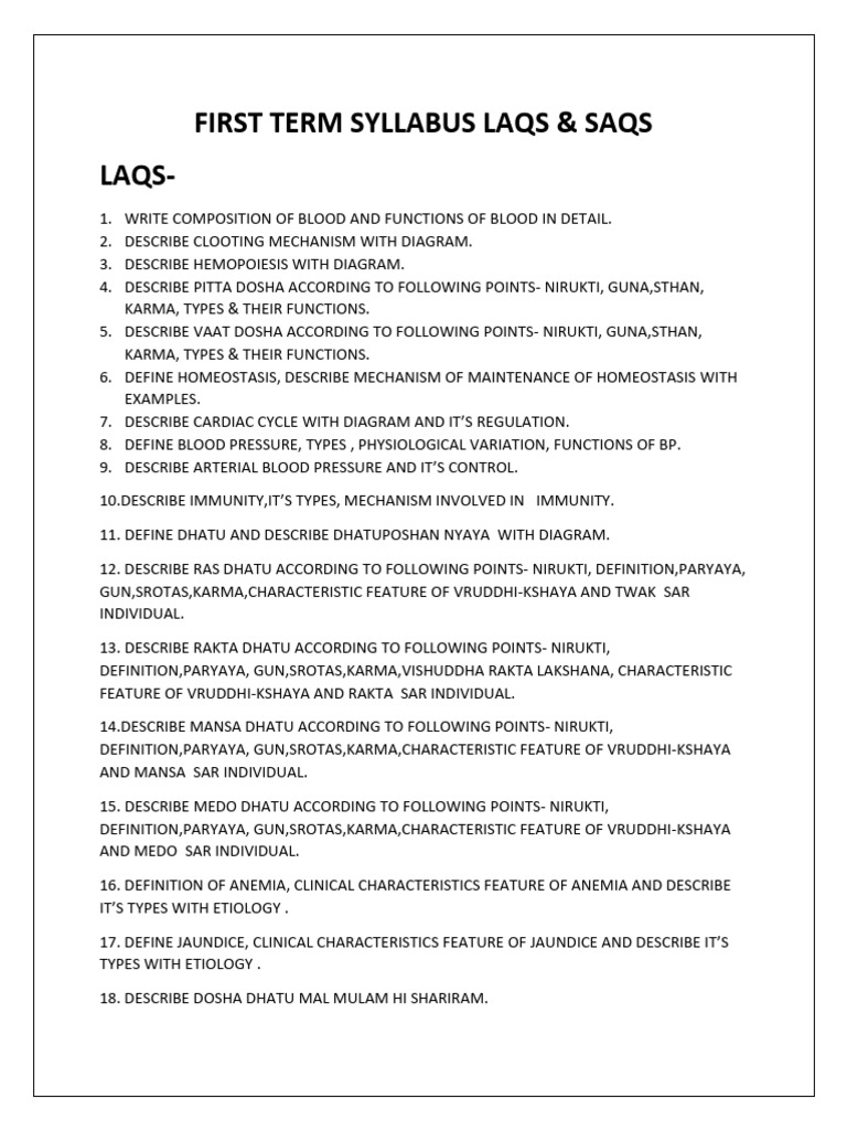 1ST Term Syllabus Laqs & Saqs | PDF | Red Blood Cell | White Blood Cell