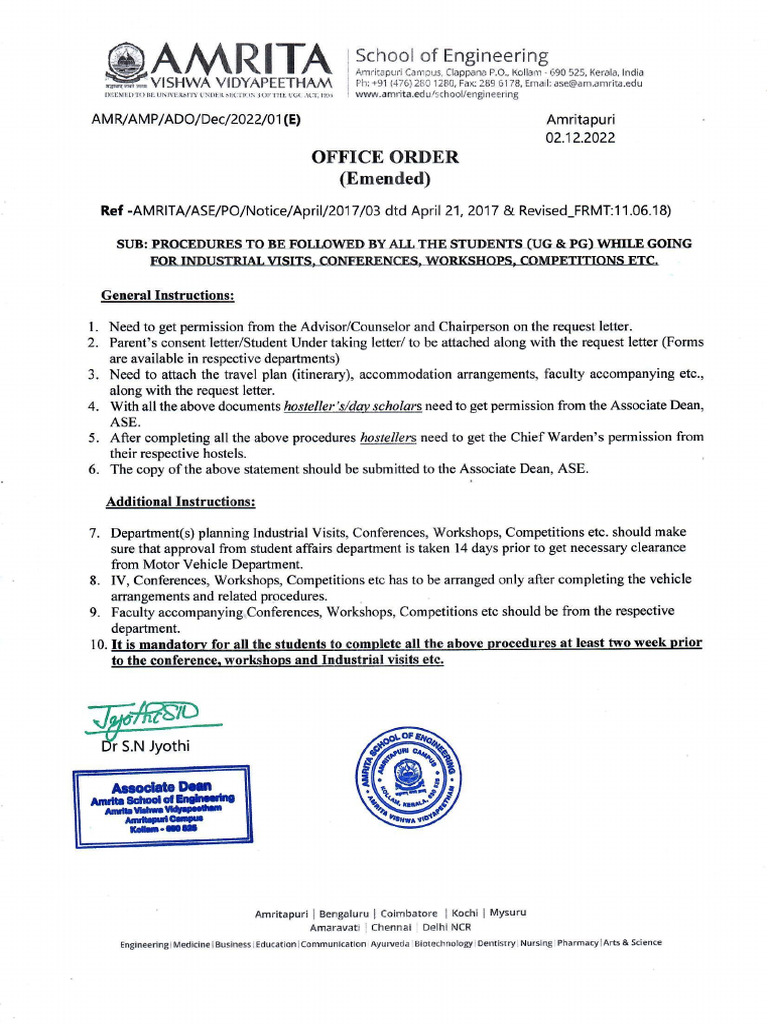 Office Order Amritapuri For Students 2024 | PDF