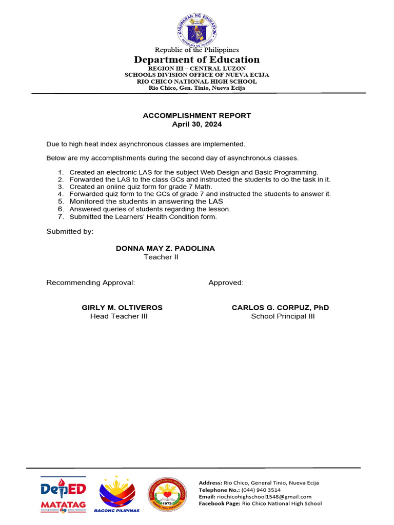 Asynchronous Class ACCOMPLISHMENT REPORT (4-30-2024) | PDF | Human ...