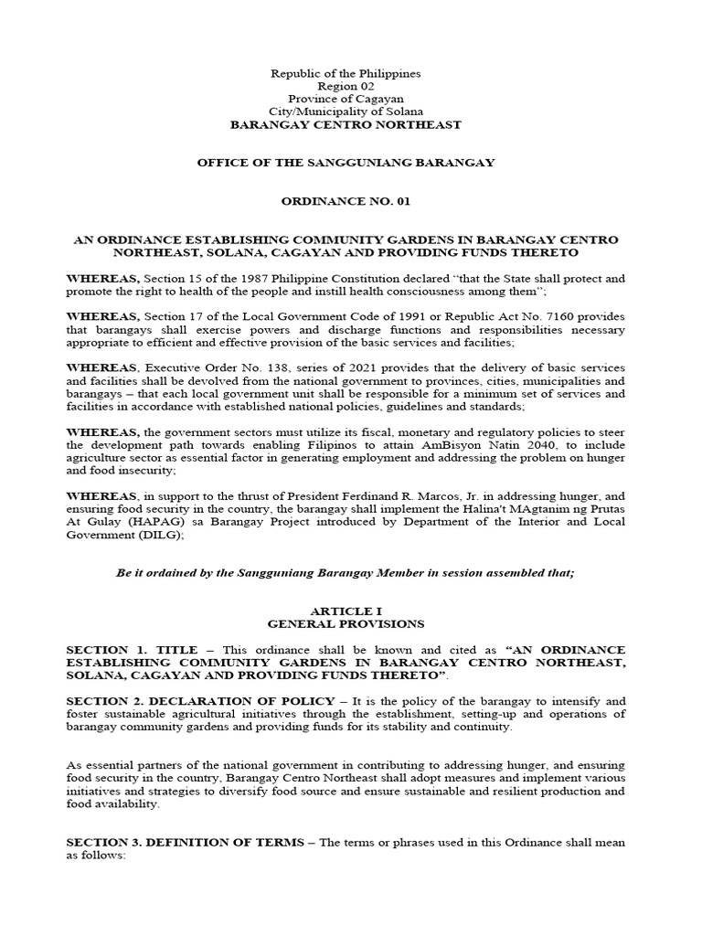 Draft Barangay Ordinance HAPAG | PDF | Vegetables | Urban Agriculture