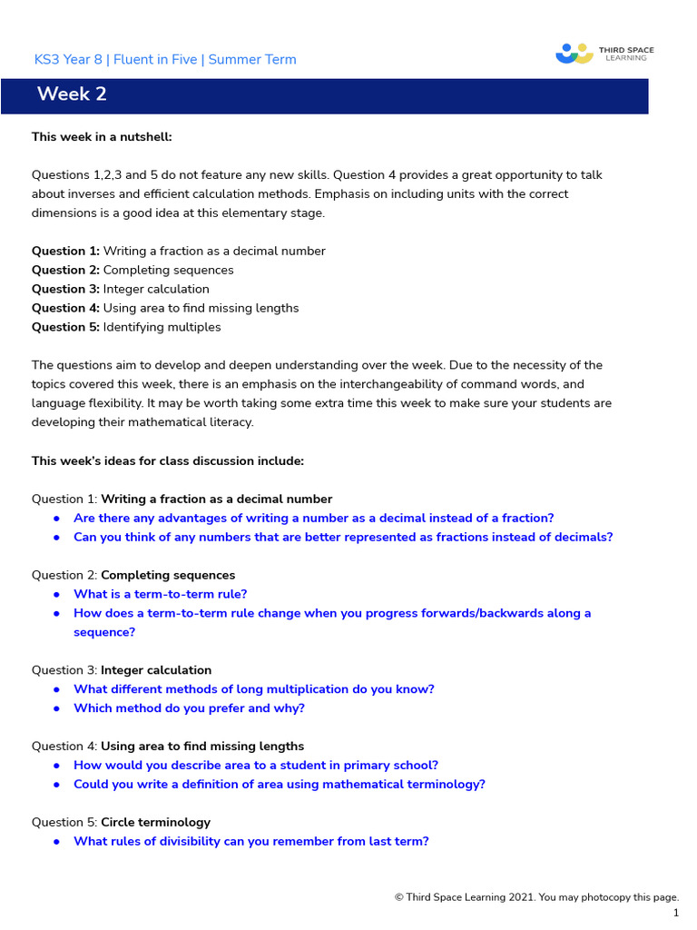 Yr8 Fluent in Five, Summer Term Week 2 | PDF | Area | Numbers