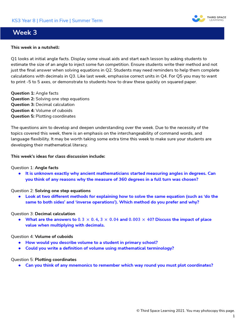 Yr8 Fluent in Five, Summer Term Week 3 | PDF | Volume | Mathematics