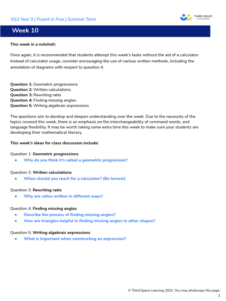 KS3 Year 9 Maths: Summer Week 10 Tasks | PDF | Geometry | Numbers