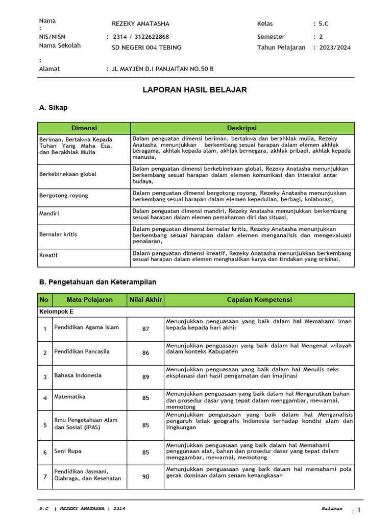 Rapor - K13 - Rezeky Anatasha | PDF