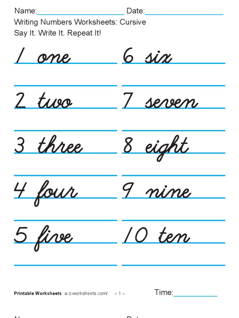 Cursive Numbers Worksheets