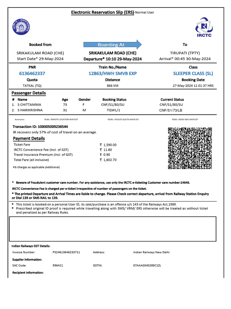 12863/HWH SMVB EXP Sleeper Class (SL) | PDF | Service Industries