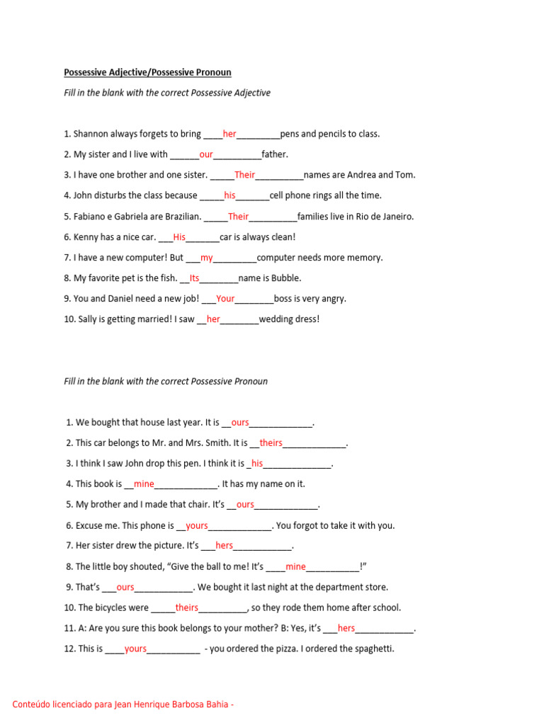 Possessive Adjectives and Pronouns Worksheet | PDF | Language Arts ...