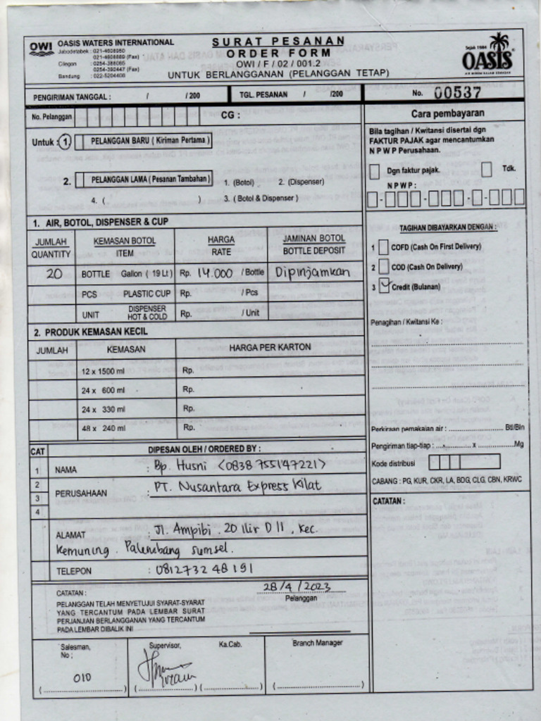 Form Order Hub Kemuning | PDF