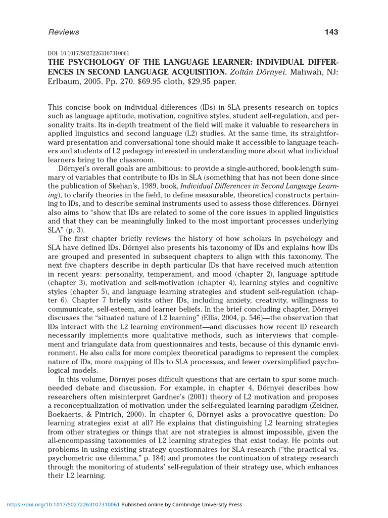 The Psychology of The Language Learner Individual Differences in Second ...