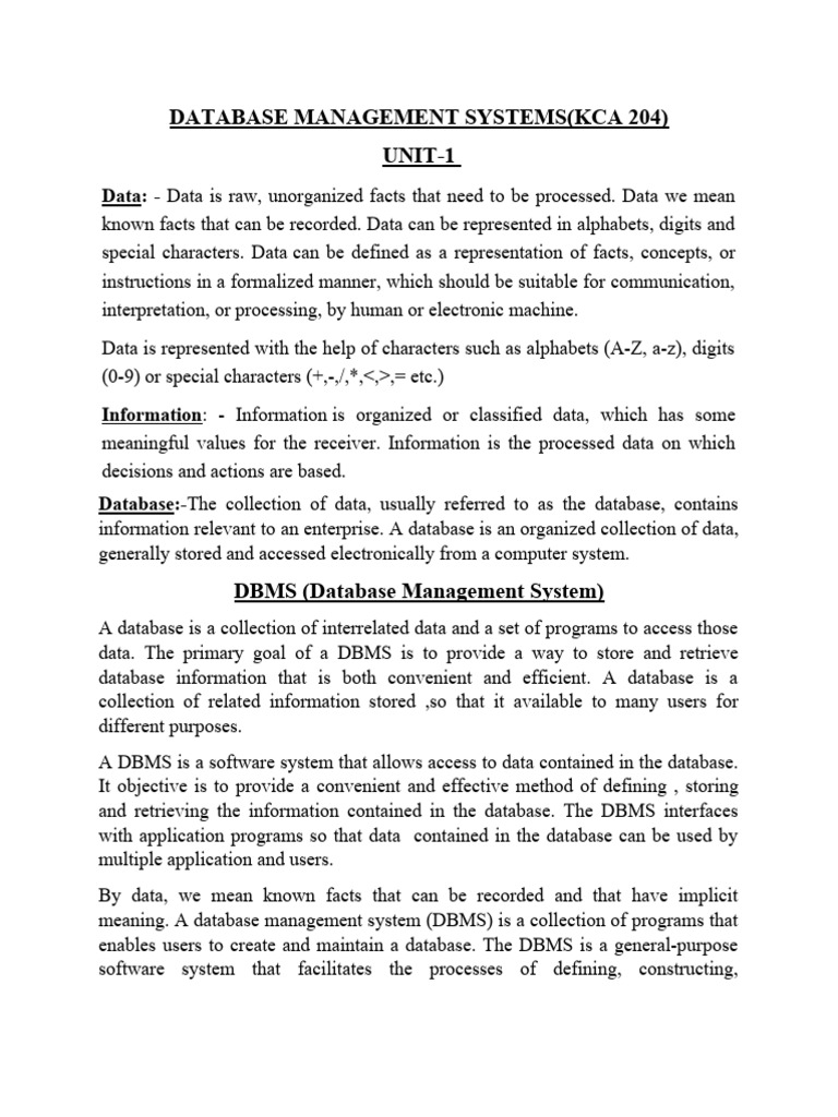 UNIT 1 - DBMS(KCA 204) | Download Free PDF | Databases | Conceptual Model