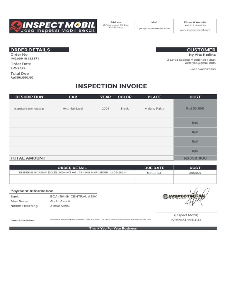 Invoice Inspeksi Hyundai Excel 2004 Ny. Vita (Tuban) | PDF