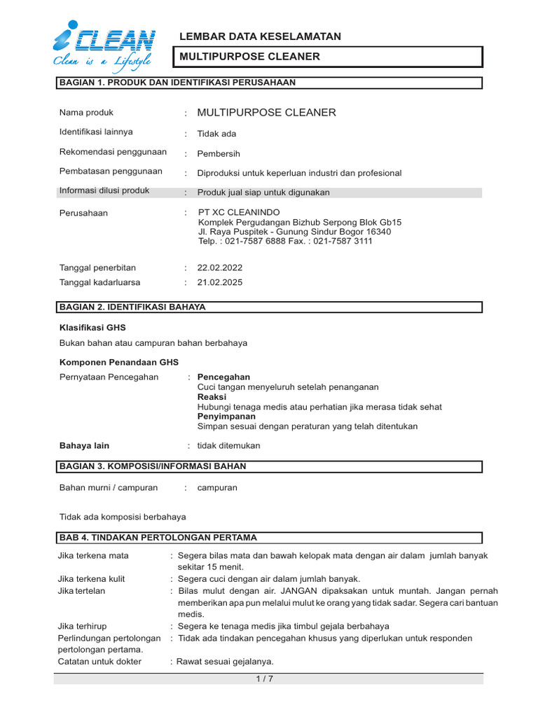 Multipurpose Cleaner MSDS Indonesia | PDF