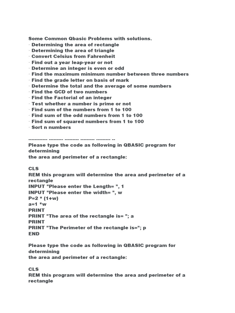 Some Common Qbasic Problems with solutions | PDF | Area | Elementary Mathematics