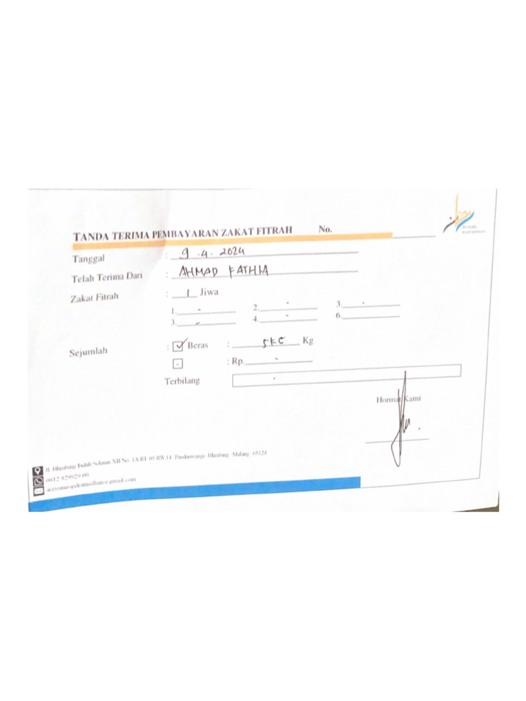 Tanda Terima Pemba Yaran Zakat Fitrah | PDF