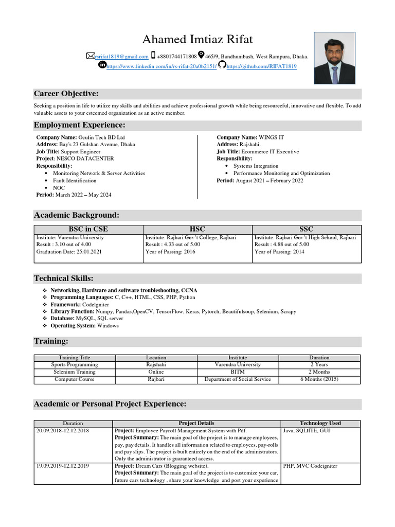 Ahamed Imtiaz Rifat's Resume | PDF | Image Scanner | Software Engineering