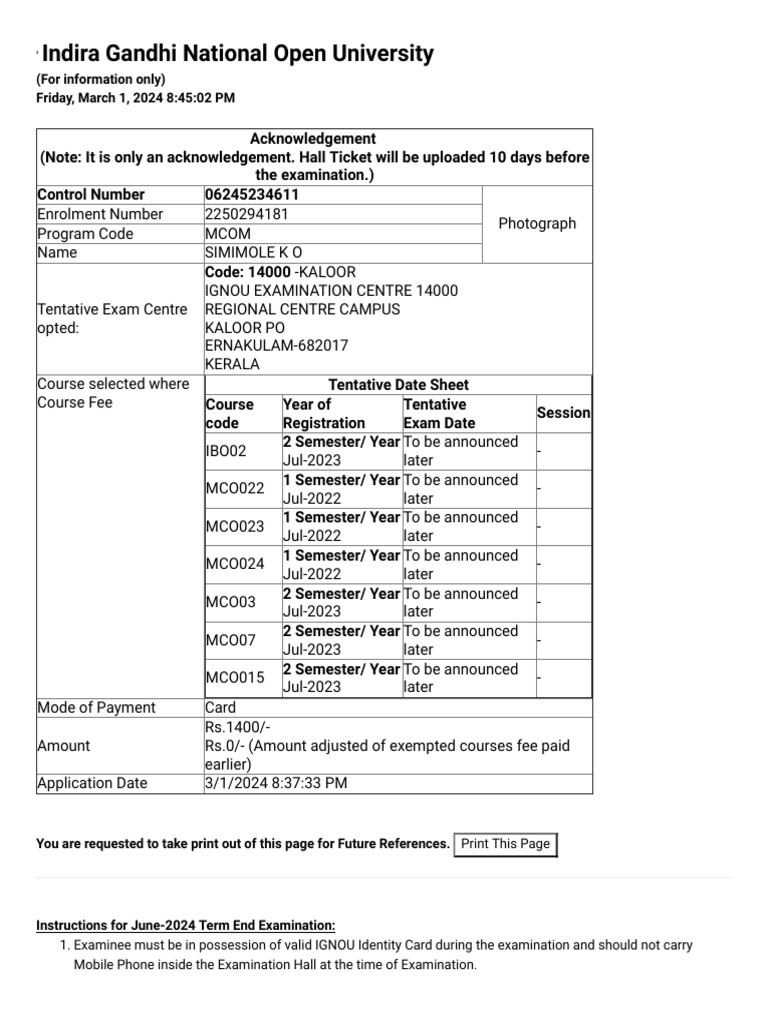 IGNOU - Examination Form Acknowledgement | PDF