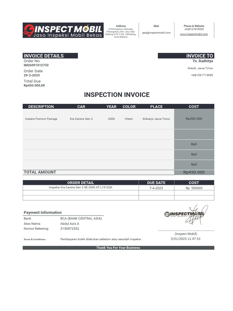Invoice Inspeksi Kia Carens 2006 at 1.8 L1312QK TN - Radhitya | PDF ...