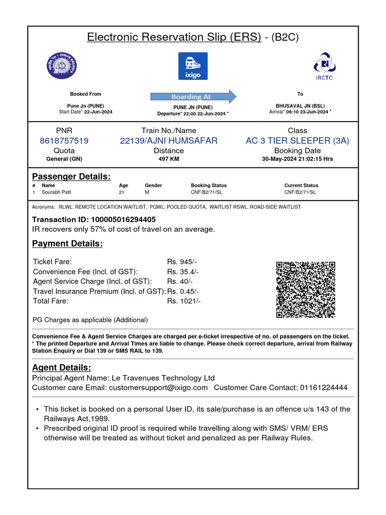Electronic Reservation Slip (ERS) : 8618757519 22139/ajni Humsafar Ac 3 ...