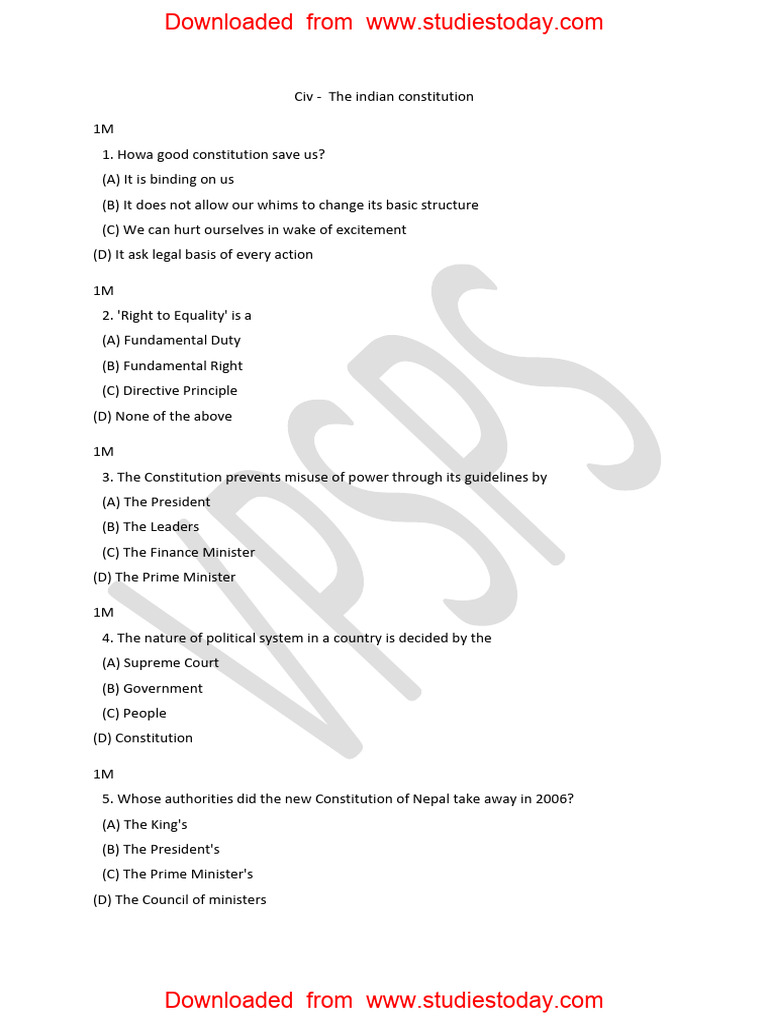 CBSE Class 8 Civics Worksheet - The Indian Constitution | PDF ...