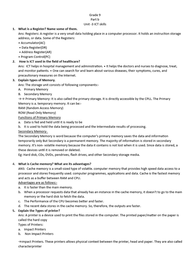 Grade 9 ICT Skills Notes 1 | PDF | Printer (Computing) | Computer Data ...