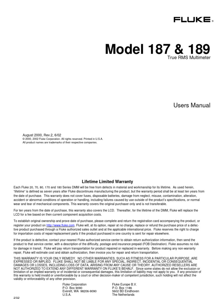 Fluke 187 & 189 Multimeter Manual | PDF | Capacitor | Alternating Current