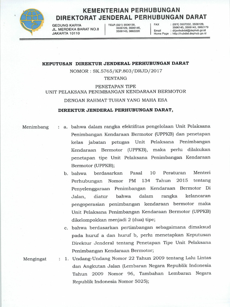 SK Kemenhub5765 Tahun 2017 Tentang Penetapan Tipe UPPKB | PDF