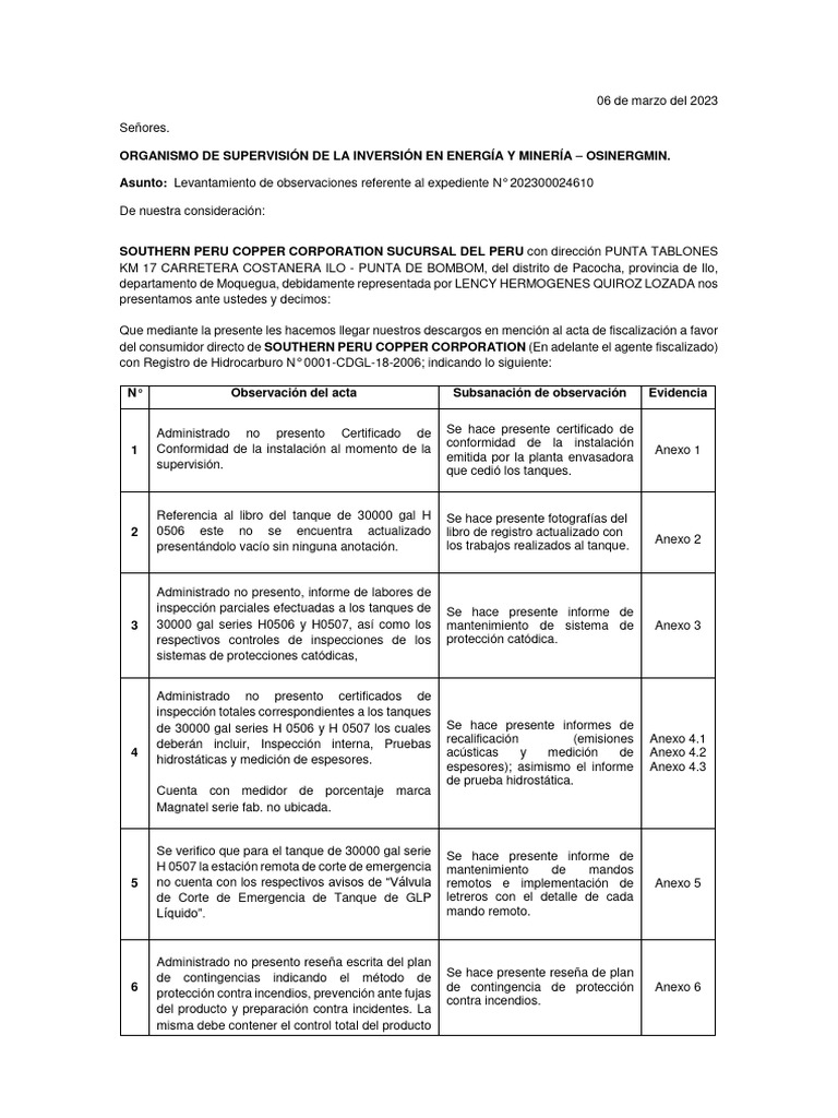 Respuesta a Observaciones OSINERGMIN | PDF | Hogar, jardinería y bricolaje | Ciencia y matemáticas