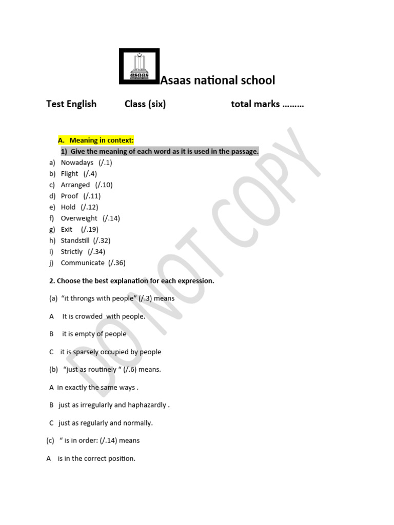 English Test for Class Six Students | PDF