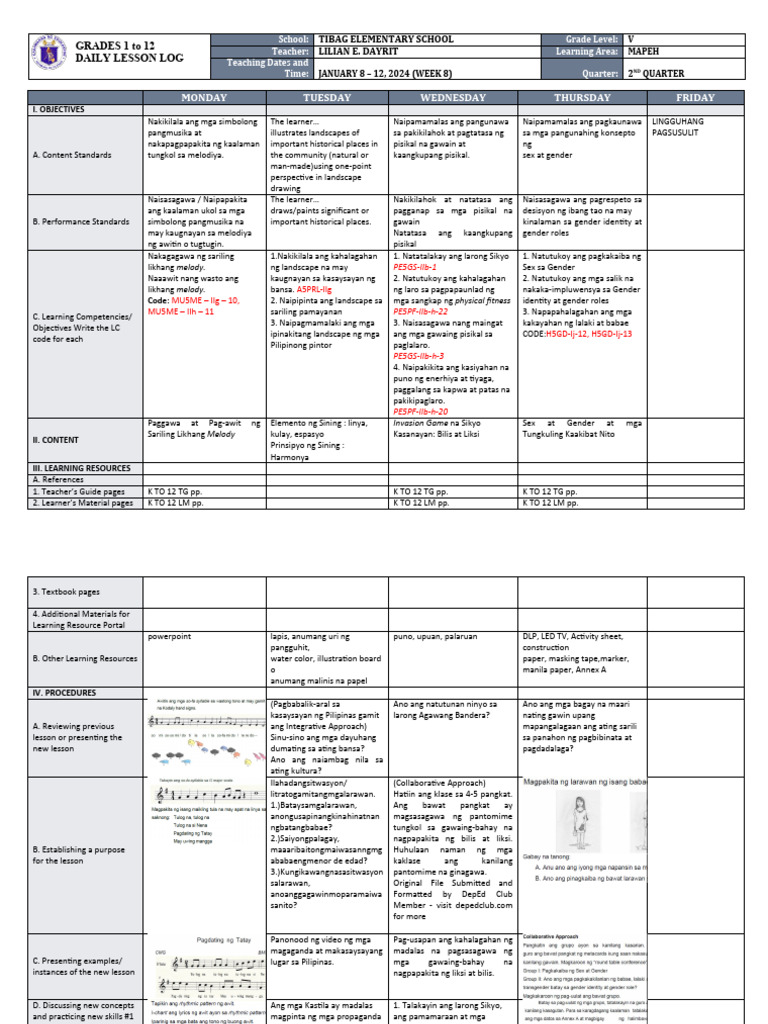 DLL - Mapeh 5 - Q2 - W8 | PDF