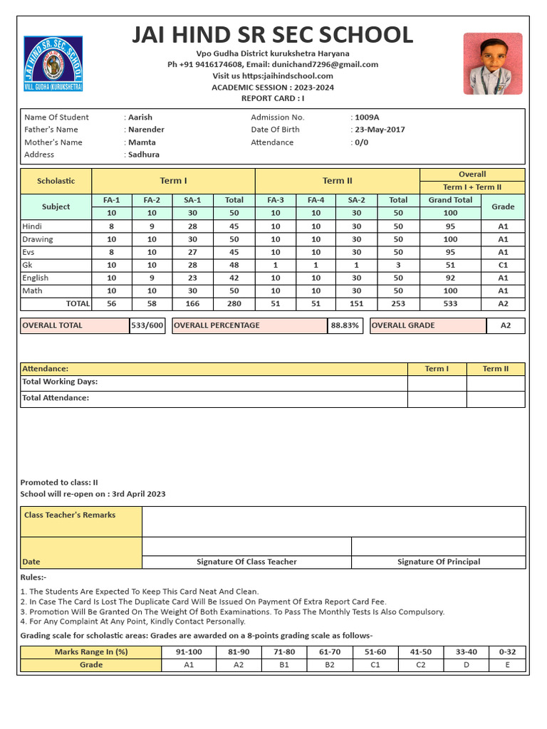 Class 10 Report Card - Aarish 2023-24 | PDF | Student Assessment And ...