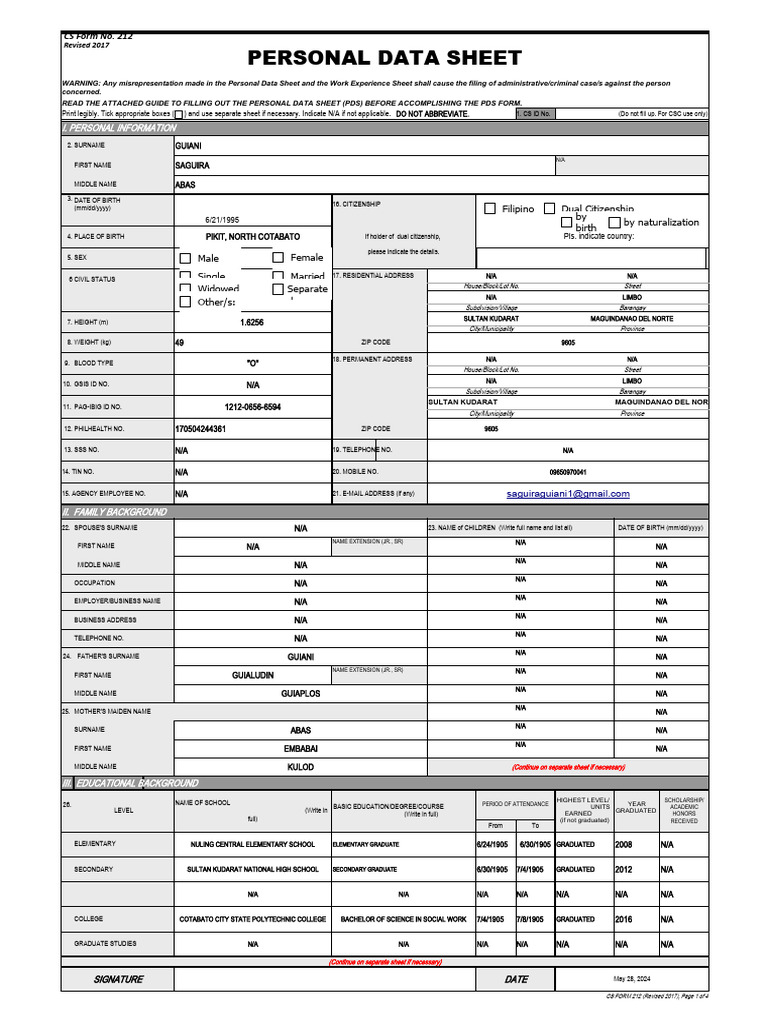 CS Form No. 212 Personal Data Sheet Revised | PDF | Social Work | Affidavit