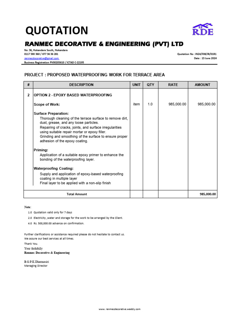 Quotation - Option 2 Waterproofing | PDF