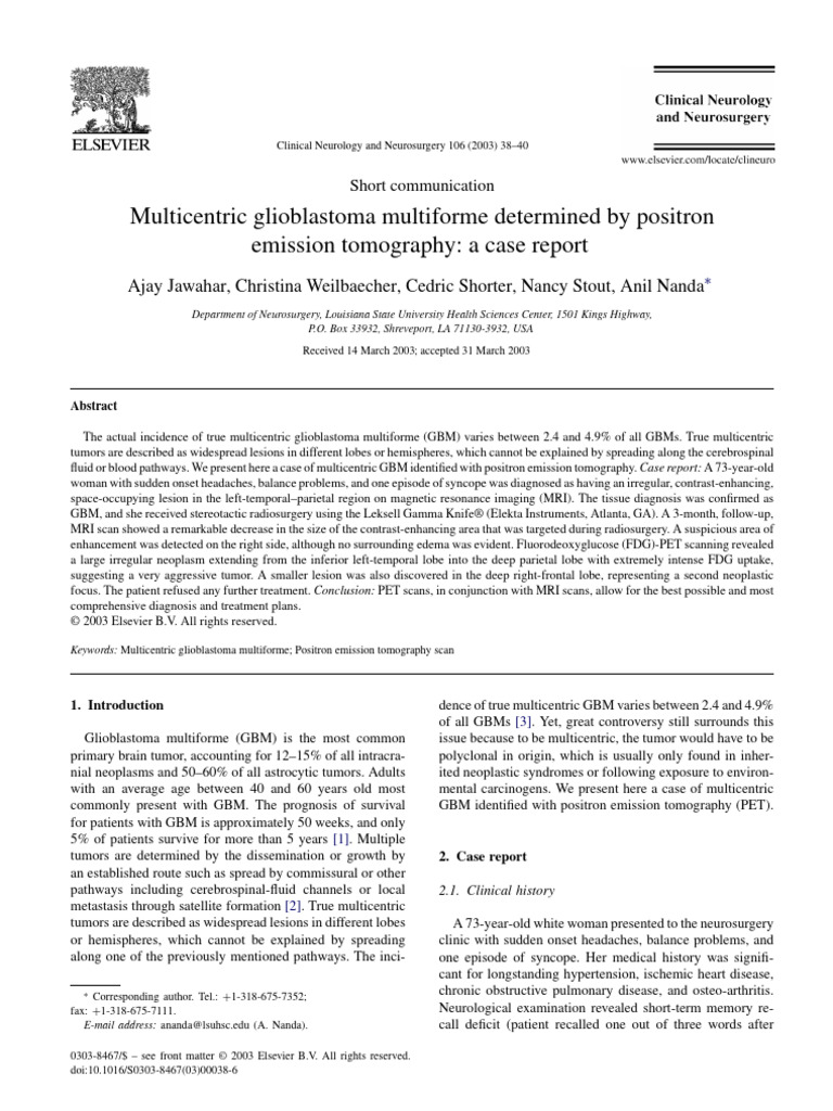 Multicentric Glioblastoma Multiforme Determined by Positron Emission Tomography: A Case Report ...