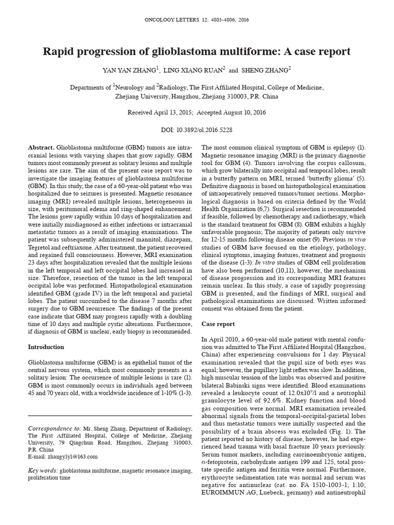Rapid Progression of Glioblastoma Multiforme: A Case Report | PDF ...
