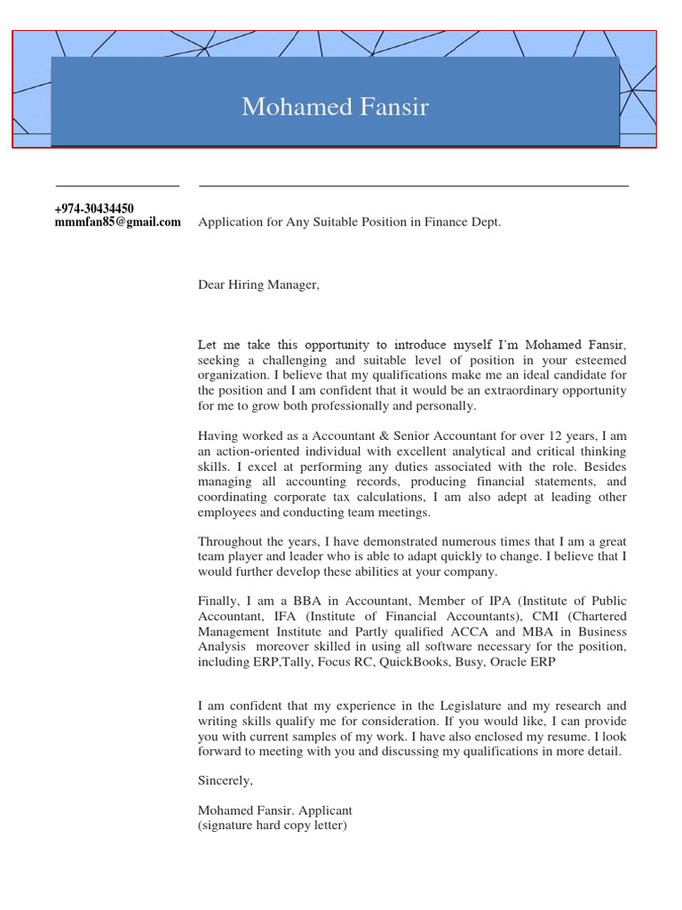 Cover Letter Qatar | Download Free PDF | Accountant | Business