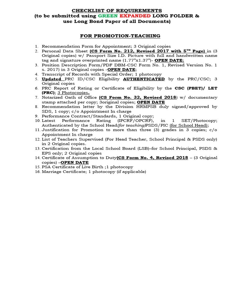 Checklist of Req - S For PROMOTION-teaching | PDF | Finance & Money Management