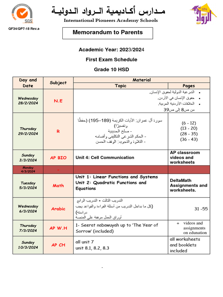10th HSD Grade Schedule | PDF